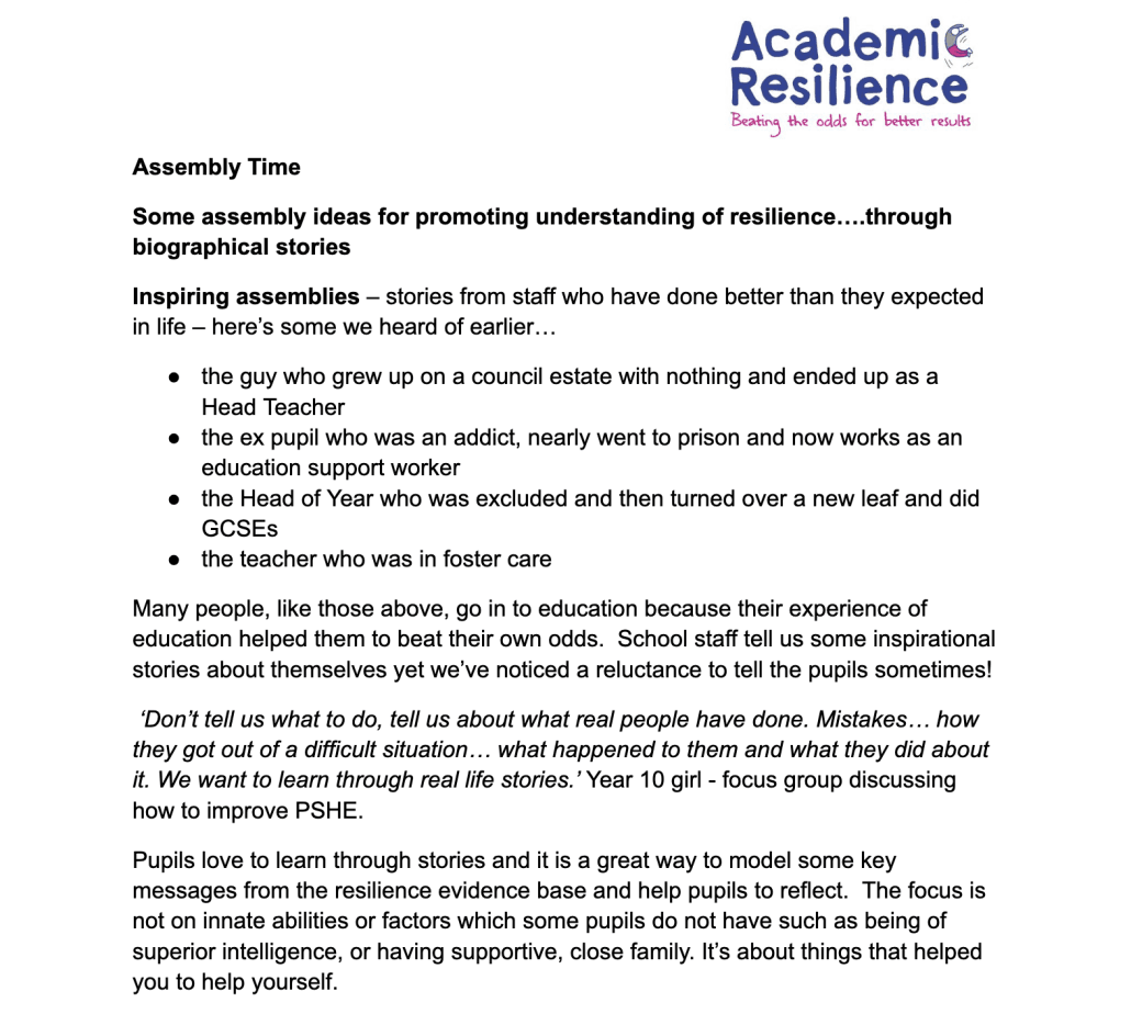 Resilience stories:Assembly ideas - from Academic Resilience ...